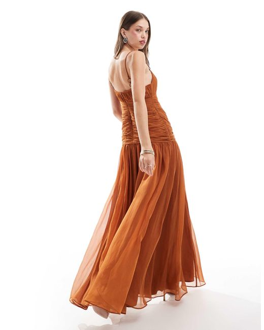 ASOS Ruched Maxi Dress With Gold Hardware in Brown | Lyst