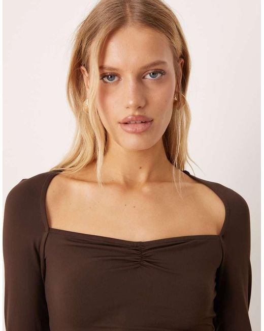 ASOS Wide Sweetheart Neckline Long Sleeve Top in Brown | Lyst UK