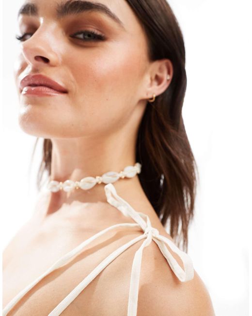 Bershka Bow Strap Shirred Mini Dress in White | Lyst