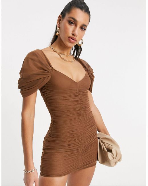 Asos Tulle Sweetheart Neck Line Mesh Ruched Mini Dress In Brown Lyst Uk