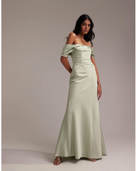 ASOS Bridesmaids Bardot Satin Maxi Dress in Gray | Lyst
