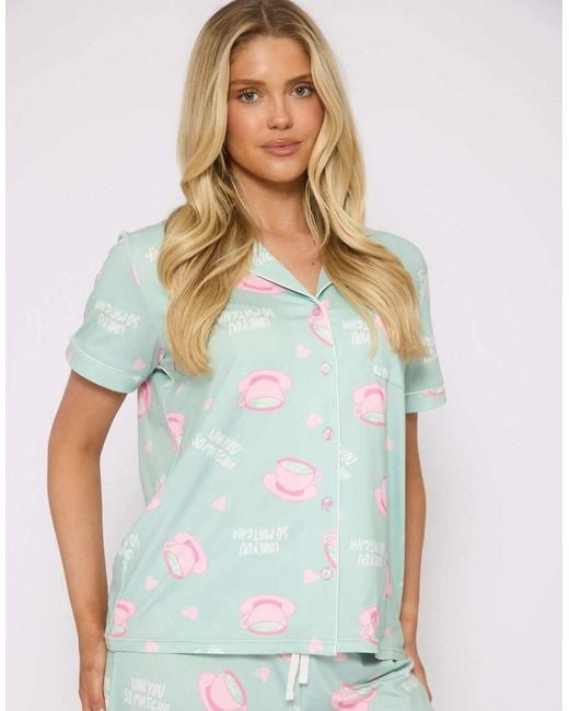 Loungeable I Love You So Matcha Printed Short Sleeve Pyjamas in Blue ...