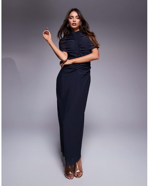 ASOS Double Layer Mesh High Neck Maxi Dress With Sheer Panel in Blue | Lyst