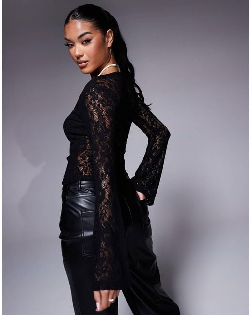 ASOS Sweetheart Lace Long Sleeve Top in Black | Lyst