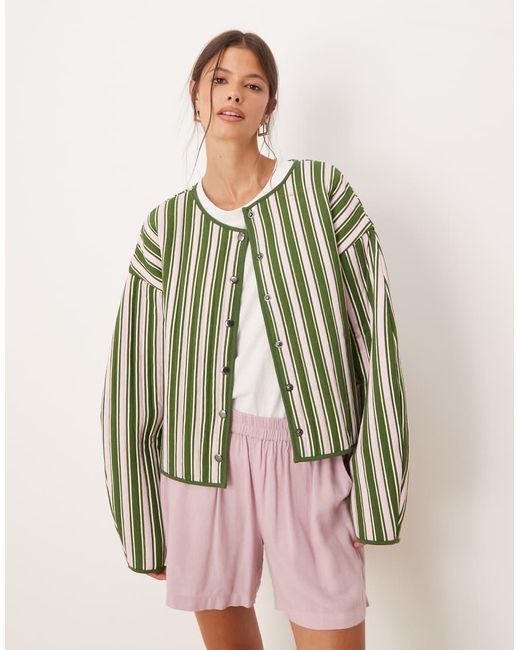 ASOS Quilted Stripe Jacket With Embroidery Detail in Natural | Lyst UK
