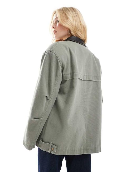 ASOS Oversized Washed Barn Jacket With Leather Look Collar in Grey ...