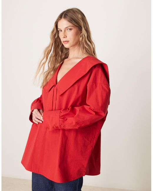 ASOS Poplin Oversized Tie Front Collar Blouse in Red | Lyst