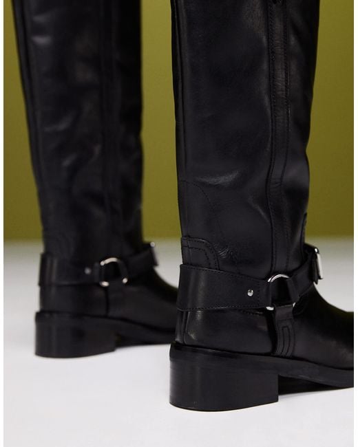 ASOS Cora Leather Harness Biker Knee Boots in Black | Lyst