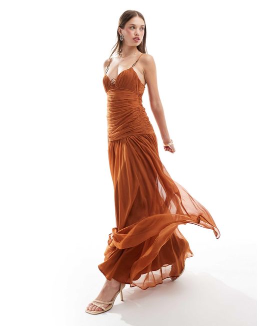 ASOS Ruched Maxi Dress With Gold Hardware in Brown | Lyst