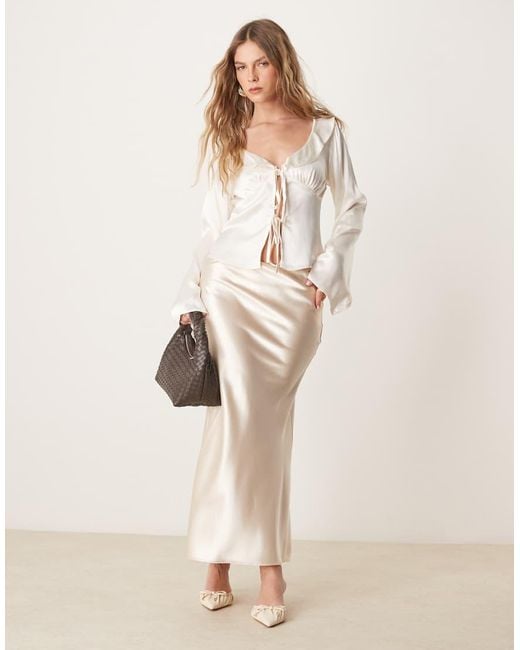 ASOS Satin Ruffle Tie Front Blouse in Natural | Lyst UK