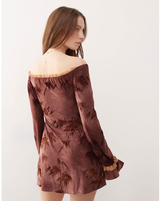The Kript Boho Off Shoulder Mini Dress With Lace Detailing in Brown | Lyst