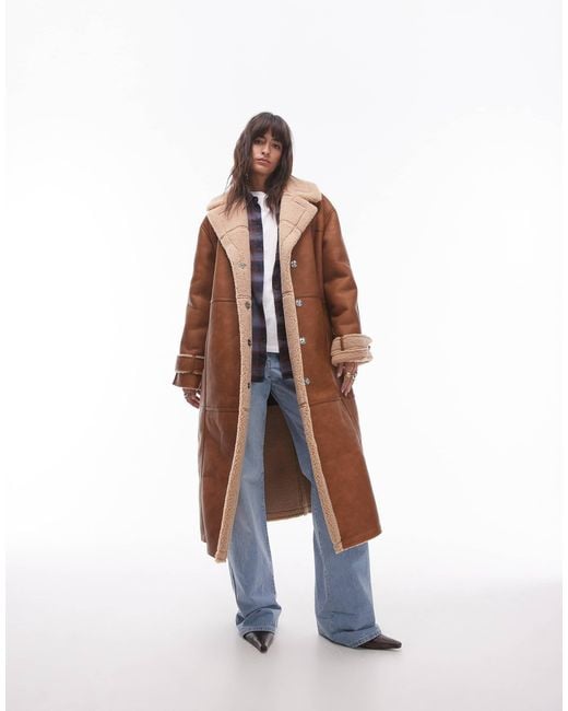 TOPSHOP Faux Leather Shearling Long Aviator Jacket in Brown | Lyst