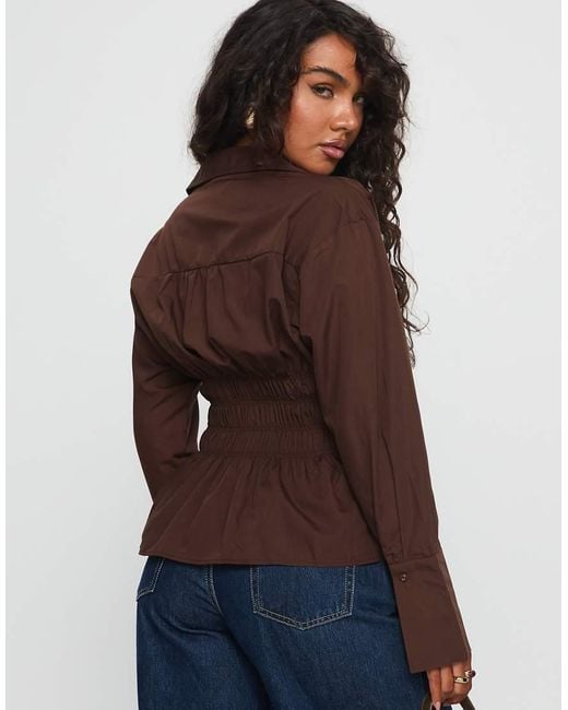 Princess Polly As You Are Shirred Waist Button Up Shirt in Brown | Lyst UK