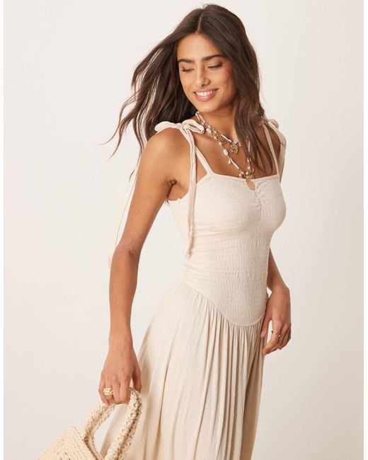 ASOS Crinkle Shirred Bodice Tie Cami Strap Midi Sundress in Natural | Lyst
