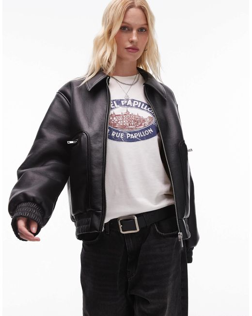 TOPSHOP Faux Leather Shearling Bomber Jacket in Black | Lyst