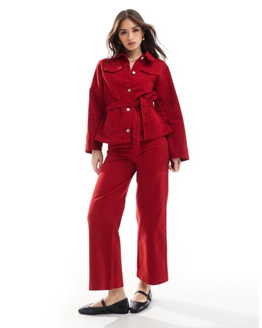 ASOS Tie Waist Denim Jacket in Red | Lyst