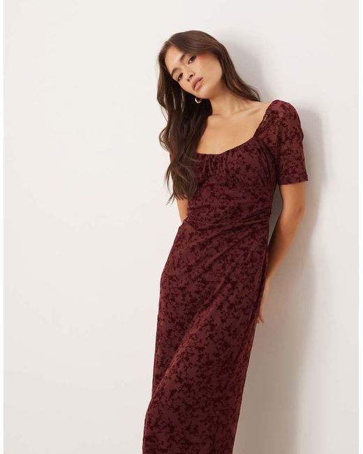 ASOS Lace Devore Puff Sleeve Midi Tea Dress in Red | Lyst UK