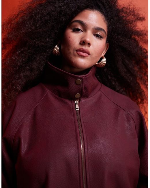ASOS Asos Design Curve Leather Look Bomber Jacket in Red | Lyst
