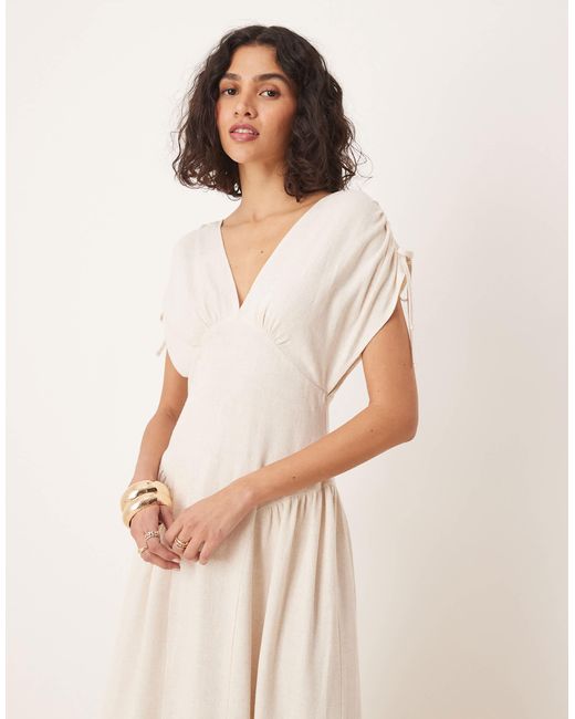 ASOS Ruched Shoulder Drop Waist Midi Dress in Natural | Lyst