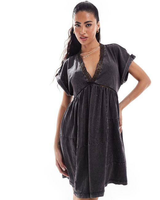 ASOS V Neck Rolled Up Short Sleeve With Embroidery Mini Dress in Black ...