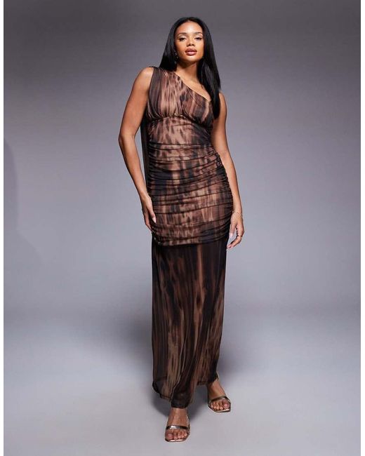 ASOS Printed Mesh Asymmetrical Ruched Maxi Dress With Drape | Lyst UK