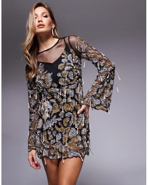 ASOS Encrusted Embellished Mesh Mini Dress in Gray | Lyst