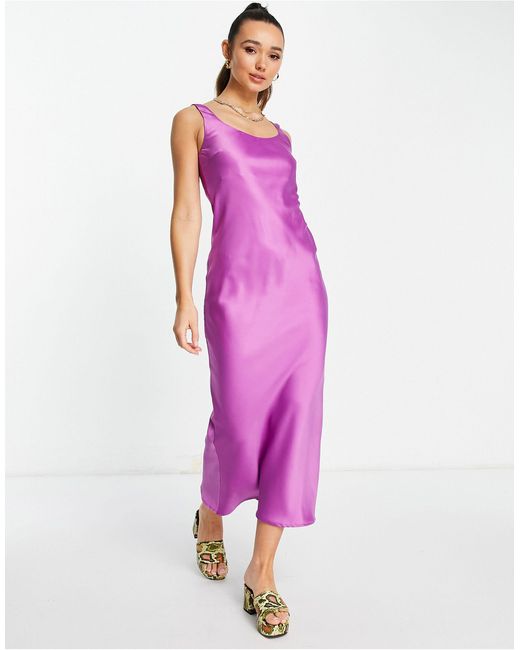 Asos Scoop Neck Midi Satin Slip Dress In Purple Lyst