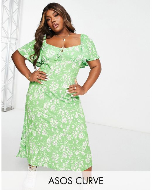 Asos Asos Design Curve Flutter Sleeve Midi Tea Dress With Tie Detail In