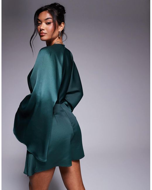 ASOS Satin Batwing Playsuit With Skort Detail in Blue | Lyst