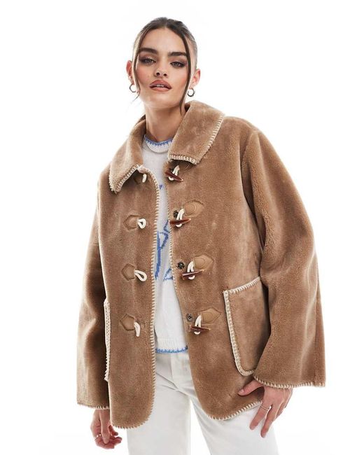 Object Faux Fur Jacket With toggle Fastenings in Brown | Lyst UK