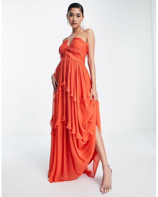 Asos Halter Neck Key Hole Detail Tiered Maxi Dress In Orange Lyst Canada