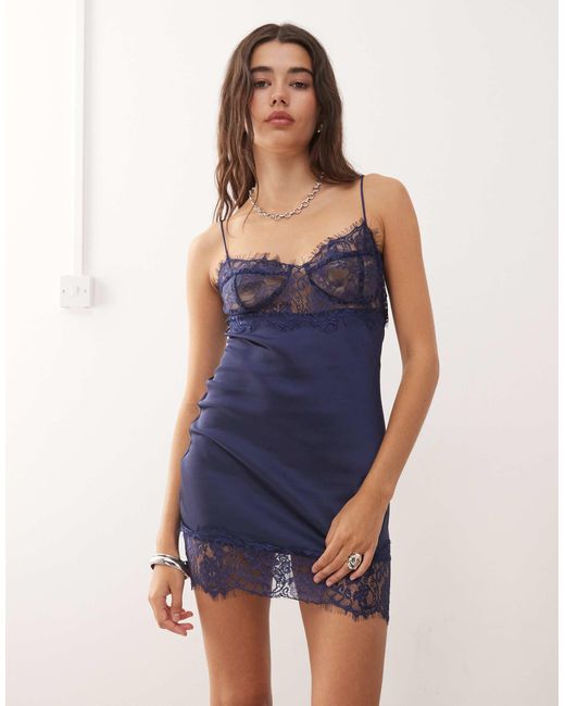 Lioness Angelic Sheer Lace Bust Detailing Satin Mini Dress in Blue | Lyst