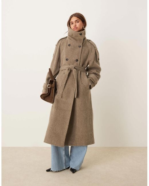 ASOS Brushed Funnel Neck Trench Coat in Natural | Lyst