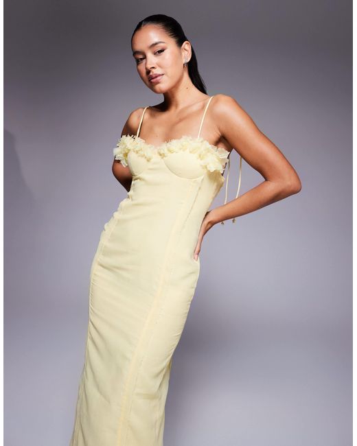 ASOS 3D Floral Bust Corset Linen Look Midi Dress in Yellow | Lyst