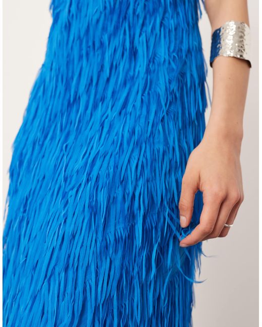 ASOS Textured Fringe Cami Maxi Dress With Low Back in Blue | Lyst