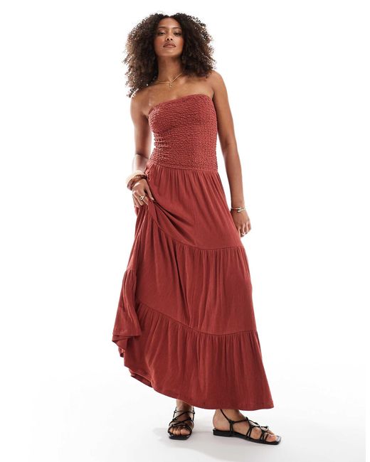 ASOS Crinkle Bandeau Shir Bodice Tie Maxi Dress in Red | Lyst