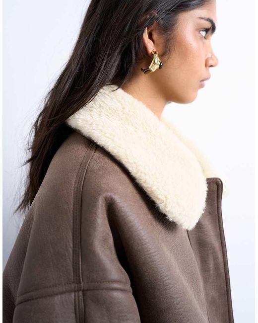TOPSHOP Vintage Washed Faux Shearling Oversized Bomber Jacket in Brown ...