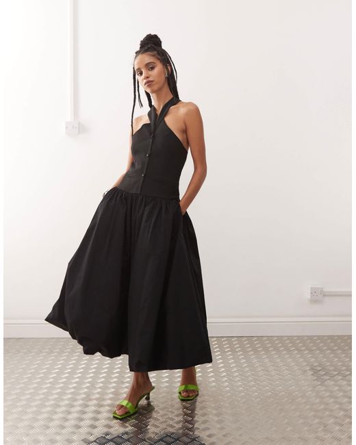 Amy Lynn Alexa Tailored Halter Neck Bubble Midi Dress in Black | Lyst