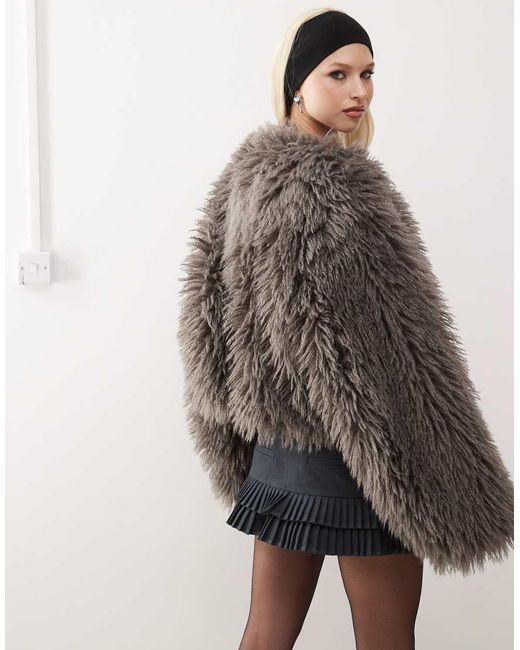 Monki shaggy Faux Fur Jacket With Hook And Bar Front in Grey | Lyst UK