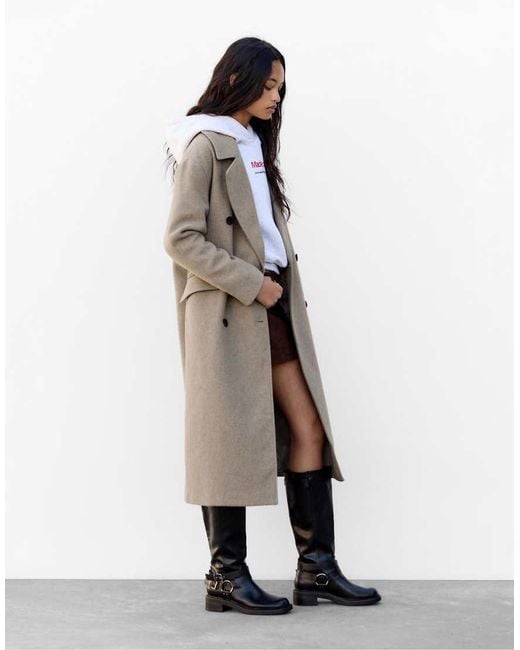 Pull&Bear Long Felt Texture Coat in White | Lyst UK