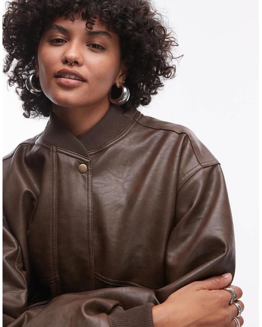 TOPSHOP Faux Leather Super Oversized Bomber Jacket With Borg Lining in ...
