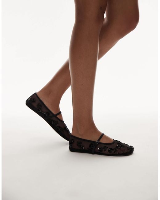 Mango Embelished Mesh Ballet Pump in Black | Lyst