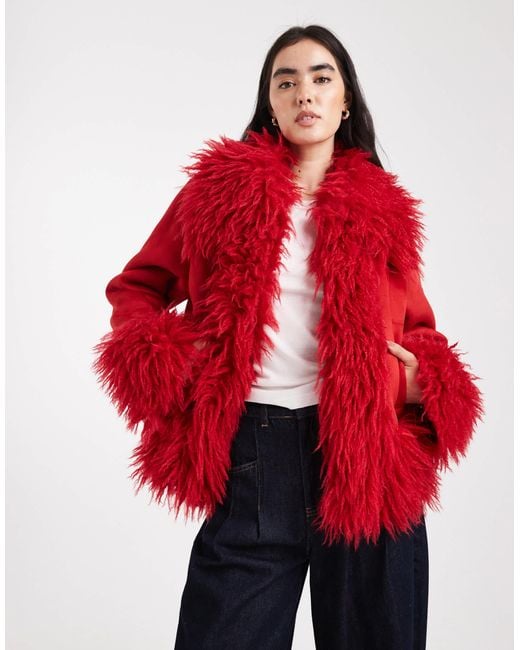 ASOS Penny Lane Faux Fur Trim Coat in Red | Lyst