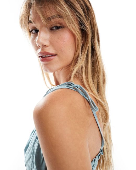 ASOS Crop Top With Ruffle And Tie Detail in Blue | Lyst