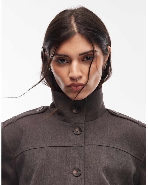 ASOS Tailored Funnel Neck Tab Detail Jacket in Brown | Lyst UK