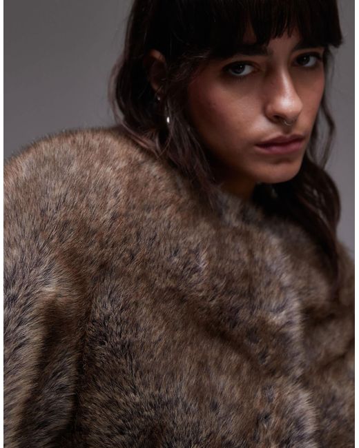 Mango Cropped Mixed Faux Fur Jacket in Brown | Lyst