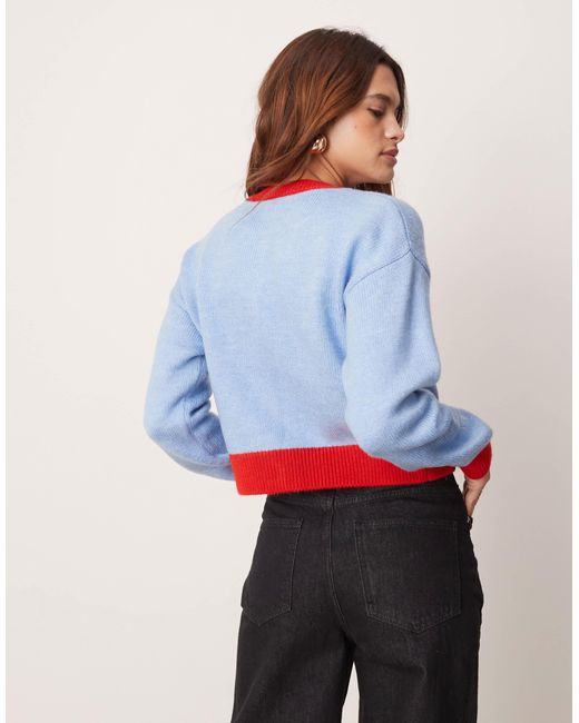 ASOS Fluffy Knit Cardigan With Contrast Tipping in Red | Lyst