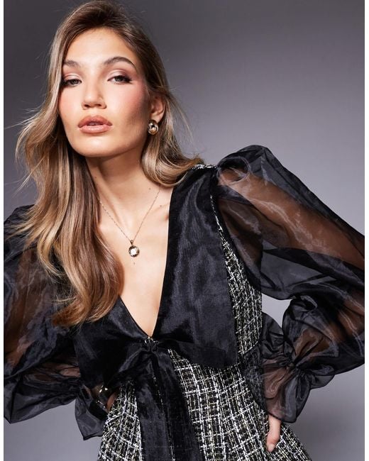 ASOS Glitter Boucle Dress With Organza Collar in Gray | Lyst