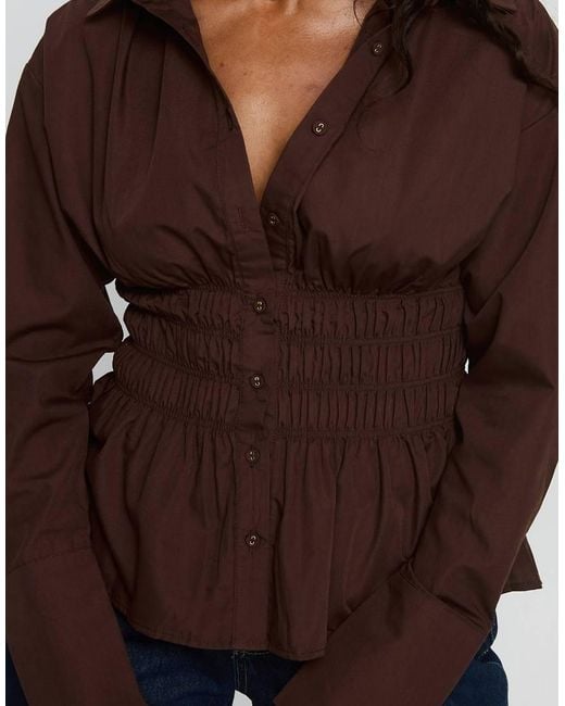 Princess Polly As You Are Shirred Waist Button Up Shirt in Brown | Lyst UK