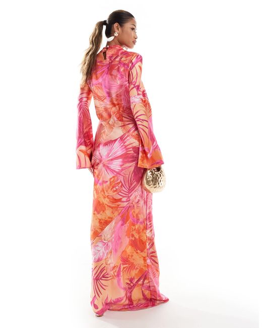 DASKA Satin Printed Maxi Dress With Funnel Sleeves in Pink | Lyst